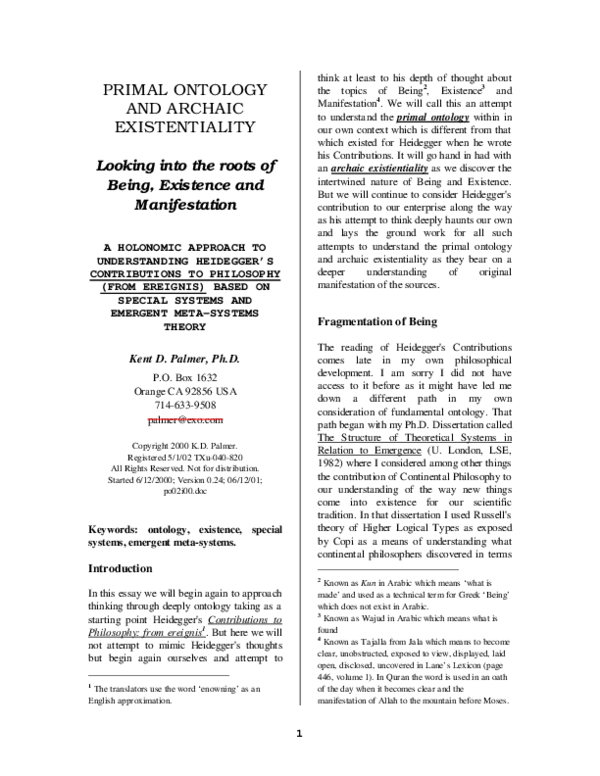 (PDF) Primal Ontology and Archaic Existentiality: Looking into the ...