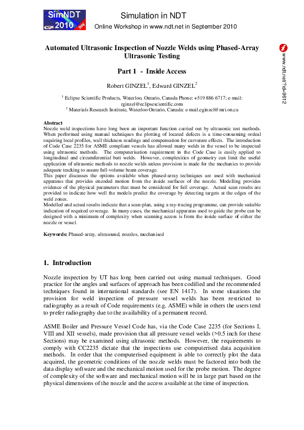(PDF) Simulation in NDT Automated Ultrasonic Inspection of Nozzle Welds using Phased-Array ...