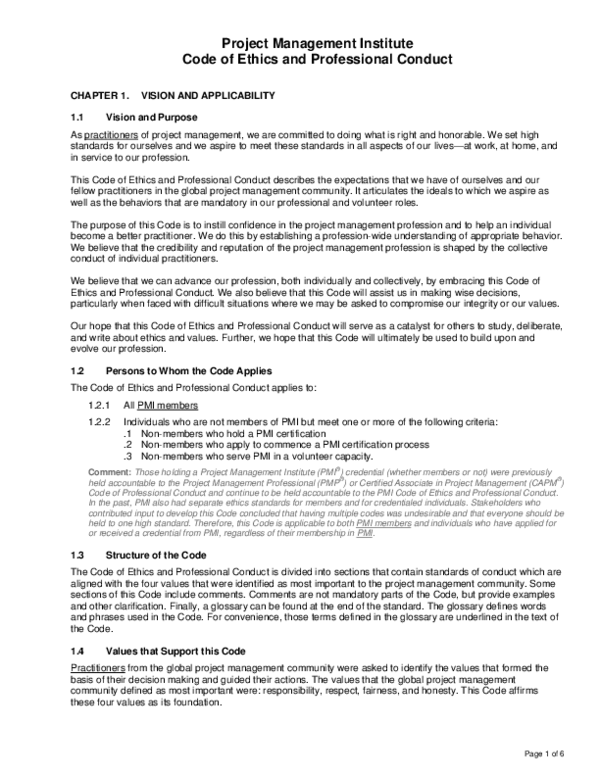 (PDF) Project Management Institute Code of Ethics and Professional ...