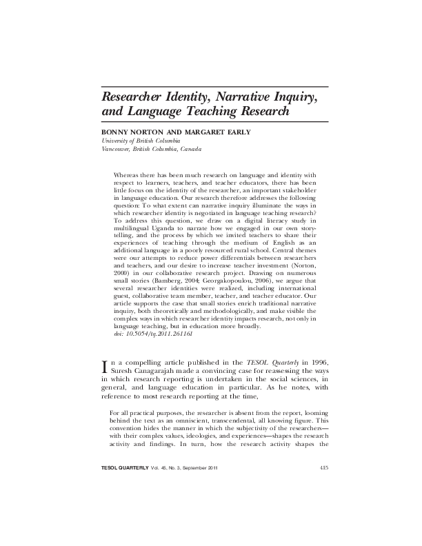 (PDF) Researcher Identity, Narrative Inquiry, and Language Teaching ...