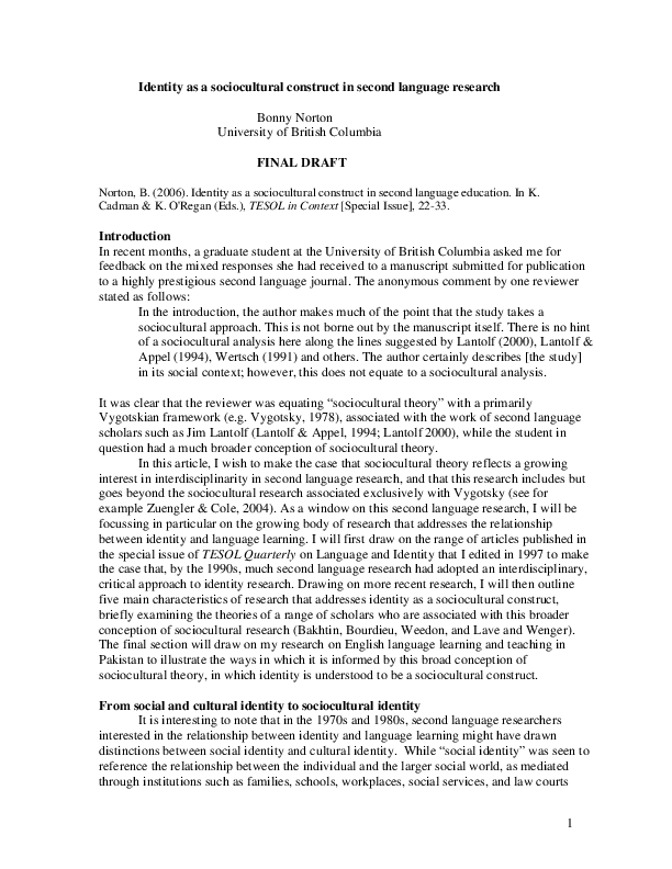 (PDF) Identity as a sociocultural construct in second language research