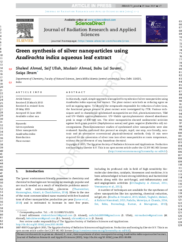 (PDF) Green synthesis of silver nanoparticles using Azadirachta indica aqueous leaf extract