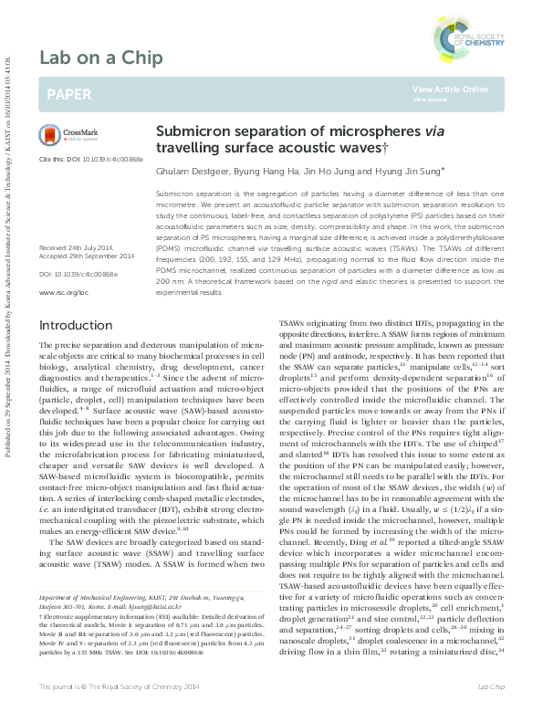 (PDF) Submicron separation of microspheres via travelling surface acoustic waves