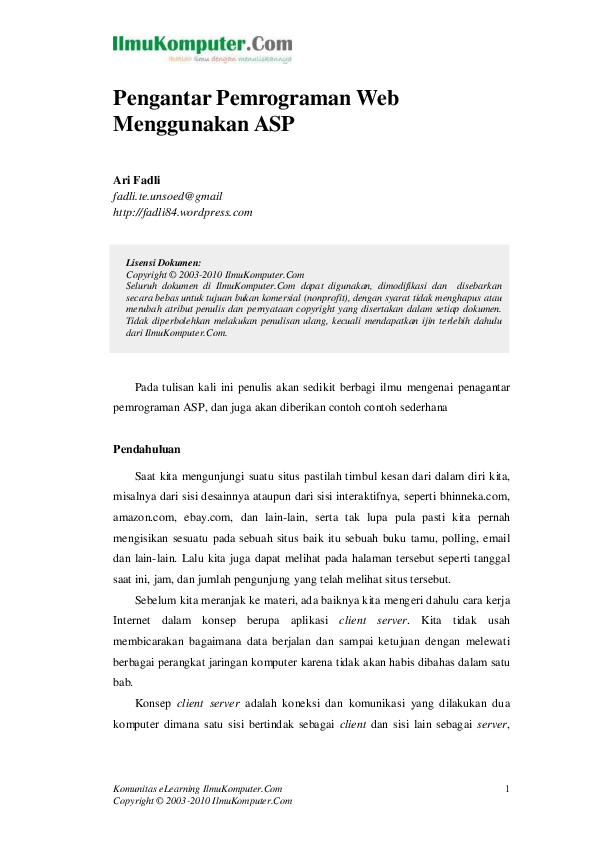 (PDF) Pengantar Pemrograman Web Menggunakan ASP