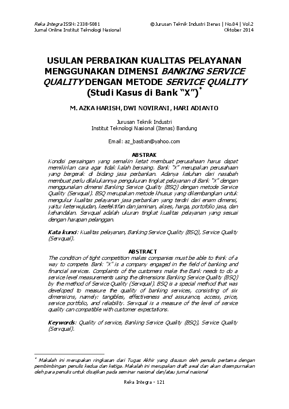 (PDF) USULAN PERBAIKAN KUALITAS PELAYANAN MENGGUNAKAN DIMENSI BANKING SERVICE QUALITY DENGAN ...