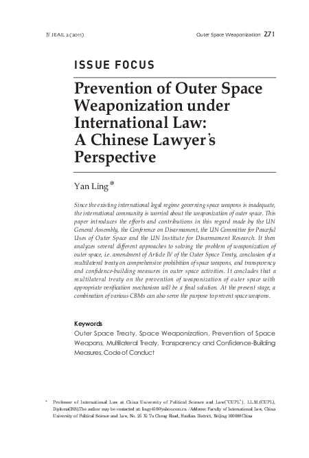 (PDF) Prevention of Outer Space Weaponization under International Law ...
