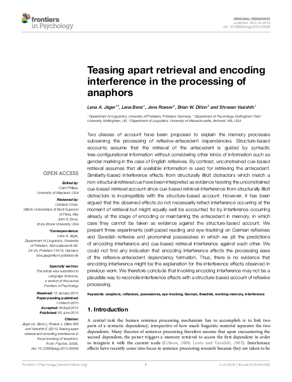 (PDF) Teasing apart retrieval and encoding interference in the processing of anaphors
