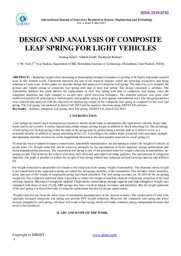 Pdf Design And Analysis Of Composite Leaf Spring For Light Vehicles