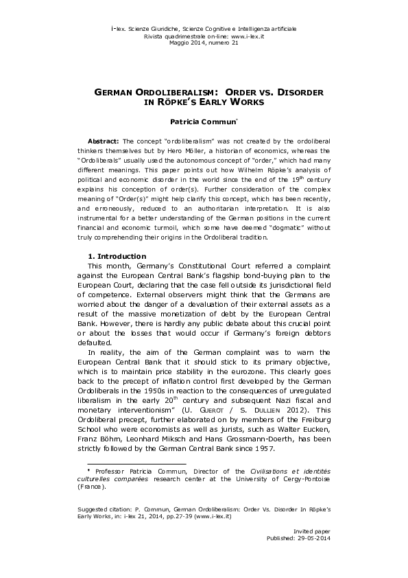 (PDF) GERMAN ORDOLIBERALISM: ORDER VS. DISORDER IN RÖPKE’S EARLY WORKS