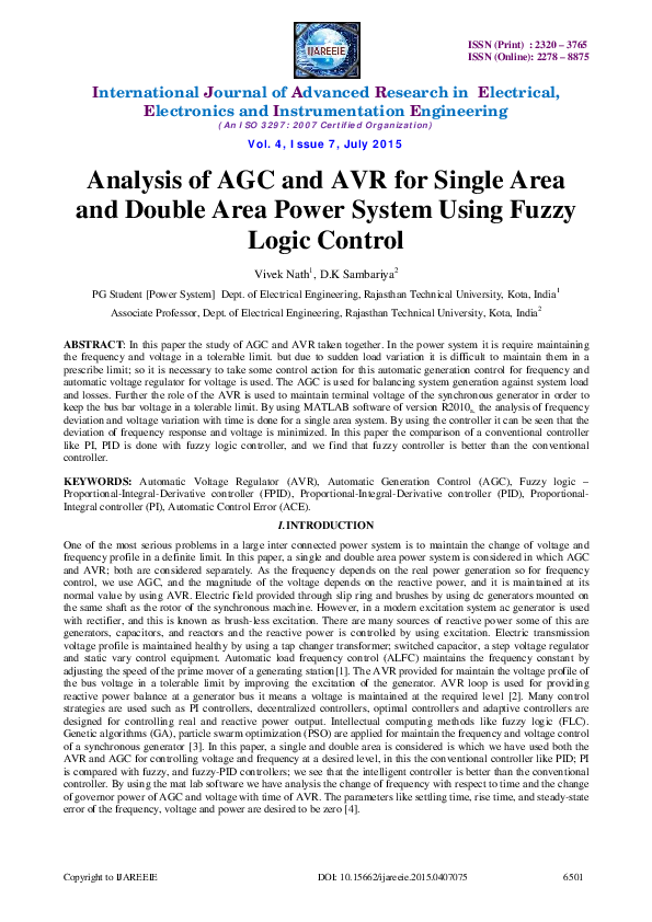(PDF) V. Nath and D. K. Sambariya, "Analysis of AGC and AVR for Single ...