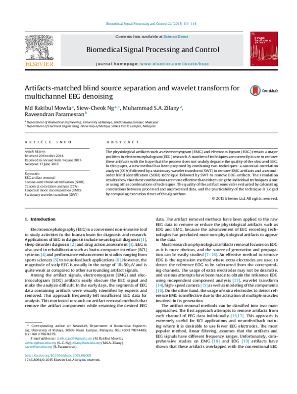 (PDF) Artifacts-matched blind source separation and wavelet transform for multichannel EEG denoising