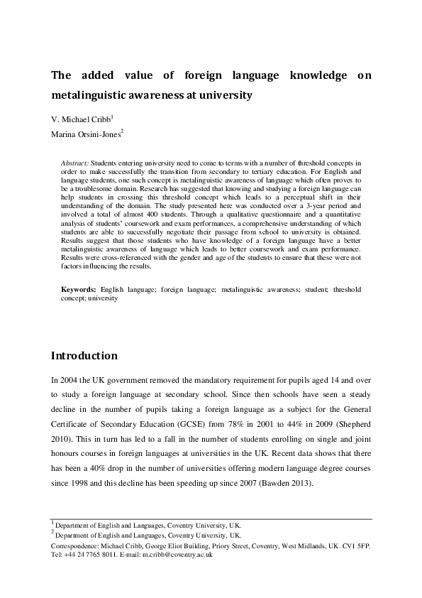 Pdf The Added Value Of Foreign Language Knowledge On Metalinguistic Awareness At University