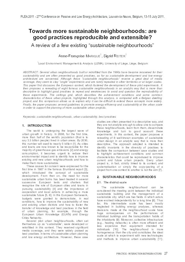 (PDF) Towards more sustainable neighbourhoods: are good practices reproducible and extensible?