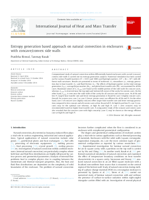 Pdf Entropy Generation Based Approach On Natural Convection In Enclosures With Concave Convex
