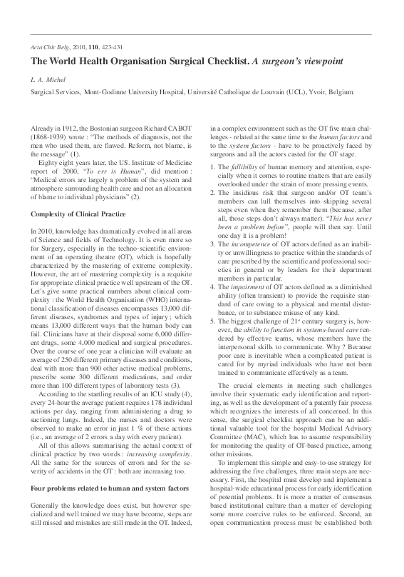 (PDF) The World Health Organisation Surgical Checklist. A surgeon’s ...