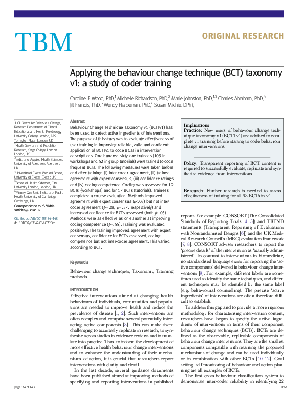 (PDF) Applying the behaviour change technique (BCT) taxonomy v1: a study of coder training