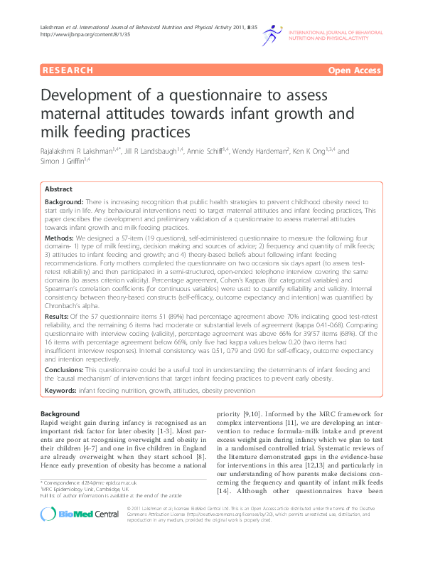 (PDF) Development of a questionnaire to assess maternal attitudes towards infant growth and milk ...