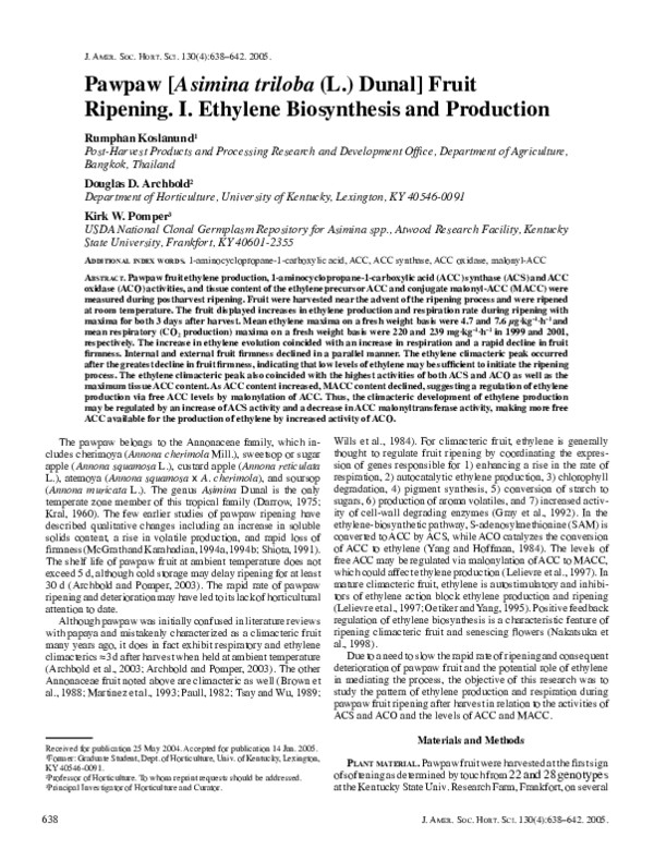(PDF) Pawpaw (Asimina triloba (L.) Dunal) Fruit Ripening. I. Ethylene ...