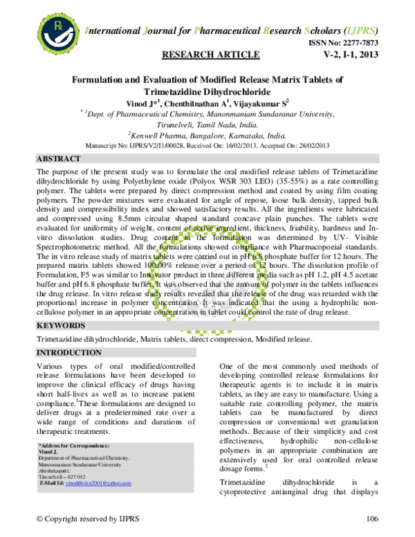 Pdf Formulation And Evaluation Of Modified Release Matrix Tablets Of Trimetazidine Dihydrochloride