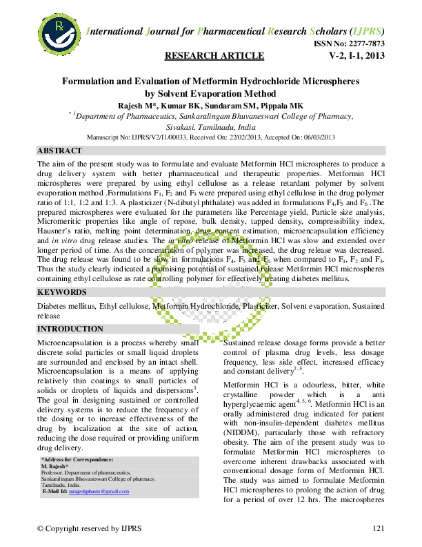 Pdf Formulation And Evaluation Of Metformin Hydrochloride Microspheres By Solvent Evaporation