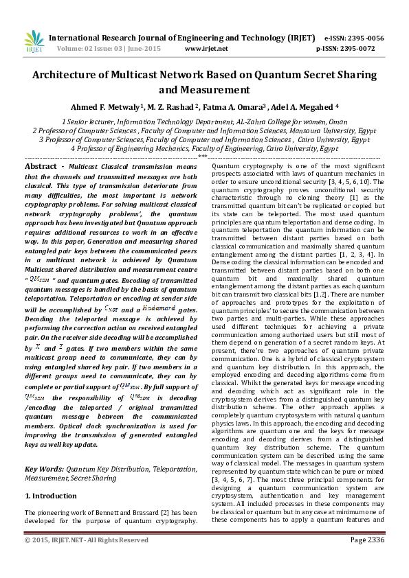 (PDF) IRJET-Architecture of Multicast Network Based on Quantum Secret Sharing and Measurement