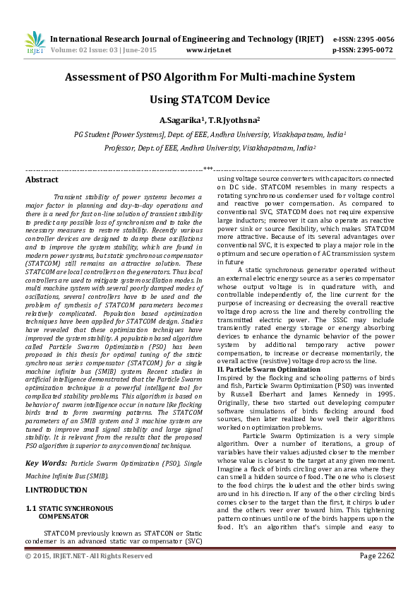 Pdf Irjet Assessment Of Pso Algorithm For Multi Machine System Using Statcom Device 