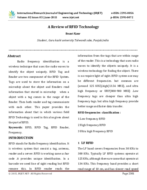 (PDF) IRJET-A Review of RFID Technology