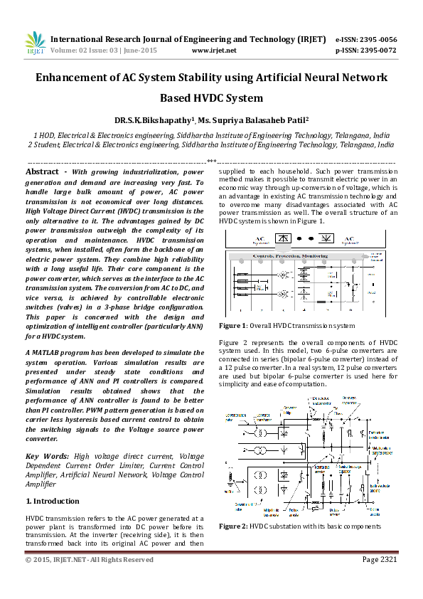 (PDF) IRJET-Enhancement of AC System Stability using Artificial Neural Network Based HVDC System