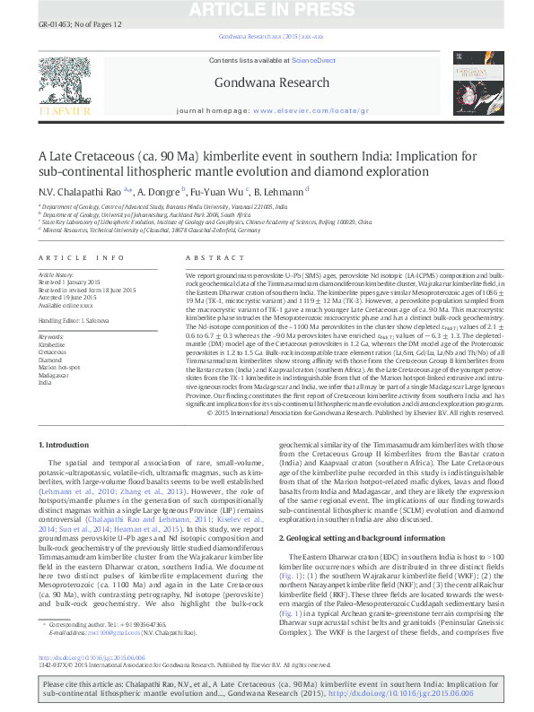 (PDF) A Late Cretaceous (ca. 90Ma) kimberlite event in southern India ...