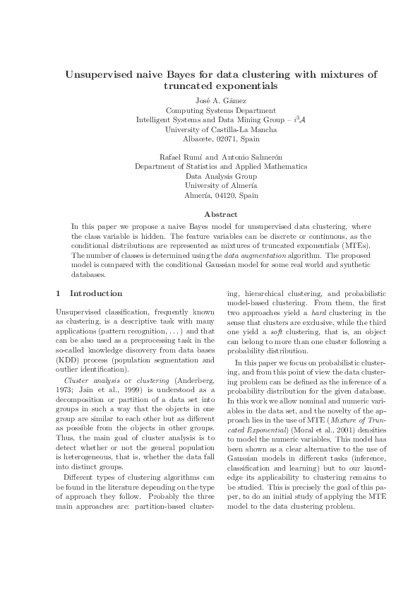(PDF) Unsupervised naive Bayes for data clustering with mixtures of truncated exponentials