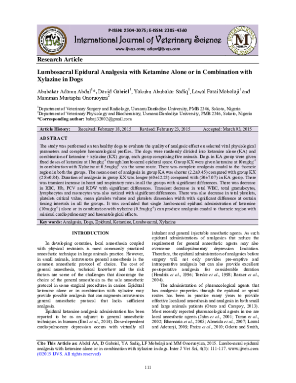 (PDF) Lumbosacral Epidural Analgesia with Ketamine Alone or in ...