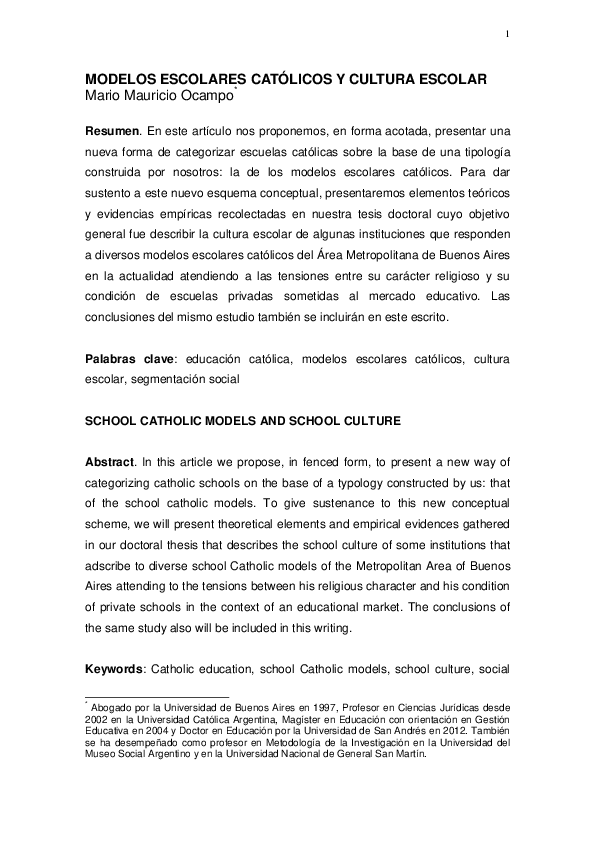 (PDF) Modelos escolares católicos y cultura escolar.