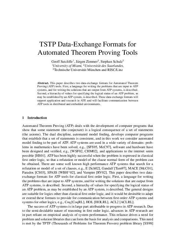 (PDF) TSTP Data-Exchange Formats for Automated Theorem Proving Tools | Stephan Schulz and Geoff ...