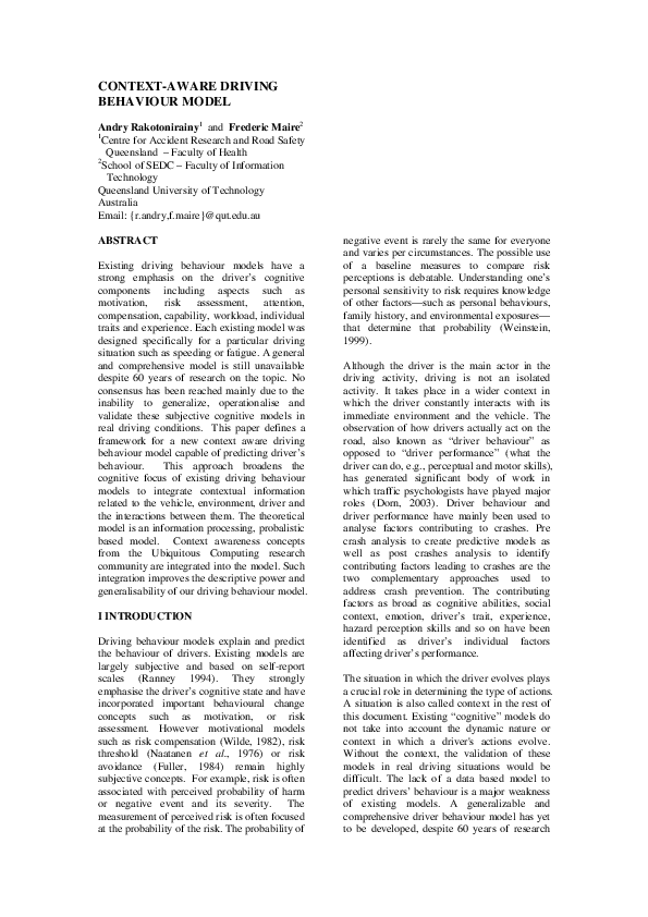 (PDF) A Context-Aware Model for Driving Behavior