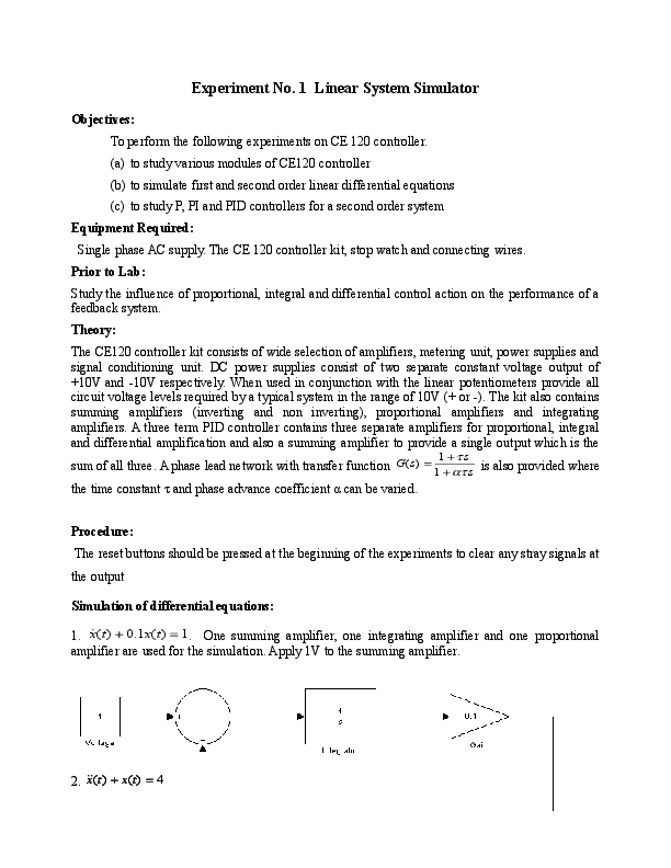(DOC) Experiment No. 1 Linear System Simulator