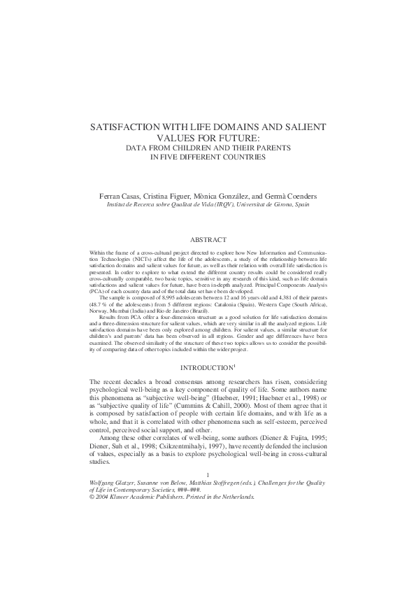 (PDF) SATISFACTION WITH LIFE DOMAINS AND SALIENT VALUES FOR FUTURE ...