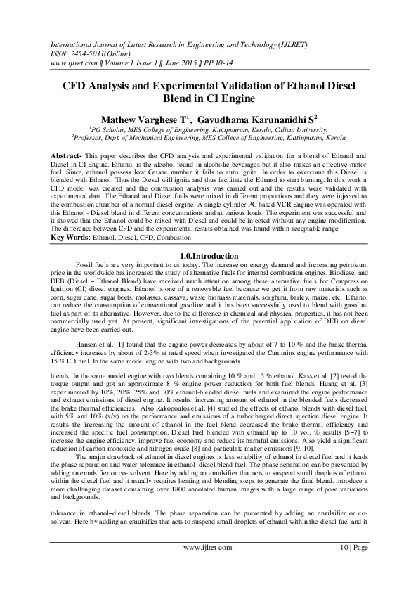 (PDF) CFD Analysis and Experimental Validation of Ethanol Diesel Blend in CI Engine