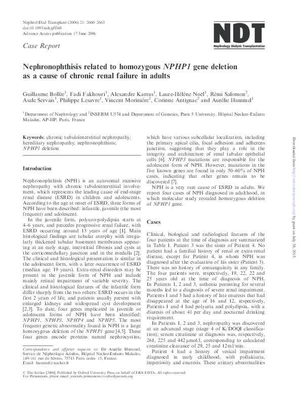 (PDF) Nephronophthisis related to homozygous NPHP1 gene deletion as a ...