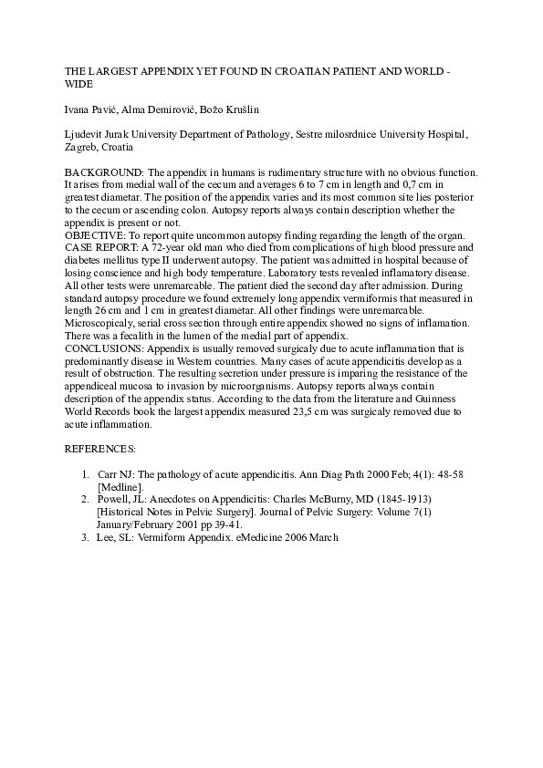 (DOC) THE LARGEST APPENDIX YET FOUND IN CROATIAN PATIENT AND WORLD - WIDE