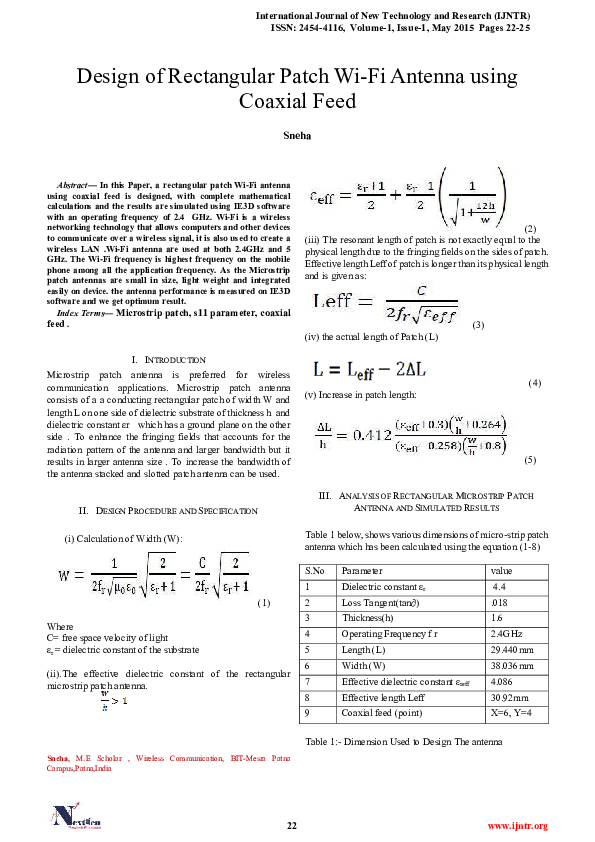 Pdf Design Of Rectangular Patch Wi Fi Antenna Using Coaxial Feed