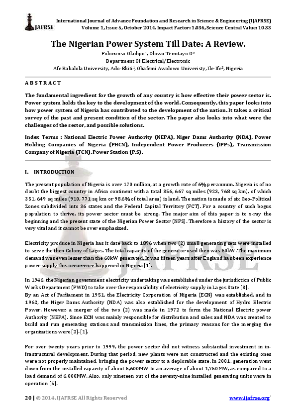 Pdf The Nigerian Power System Till Date A Review