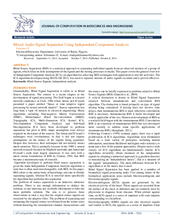 (PDF) Mixed Audio Signal Separation Using Independent Component Analysis