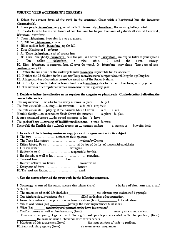 (DOC) SUBJECT-VERB AGREEMENT EXERCISES