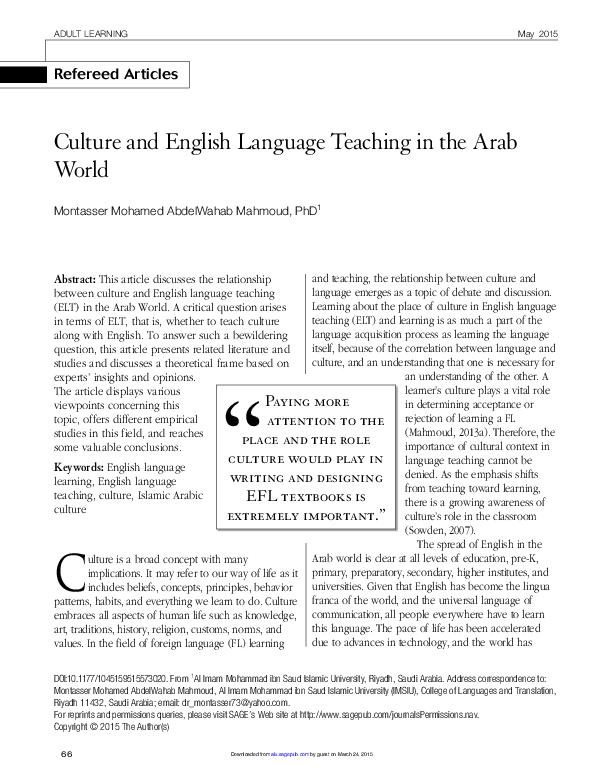 Culture and English Language Teaching in the Arab World