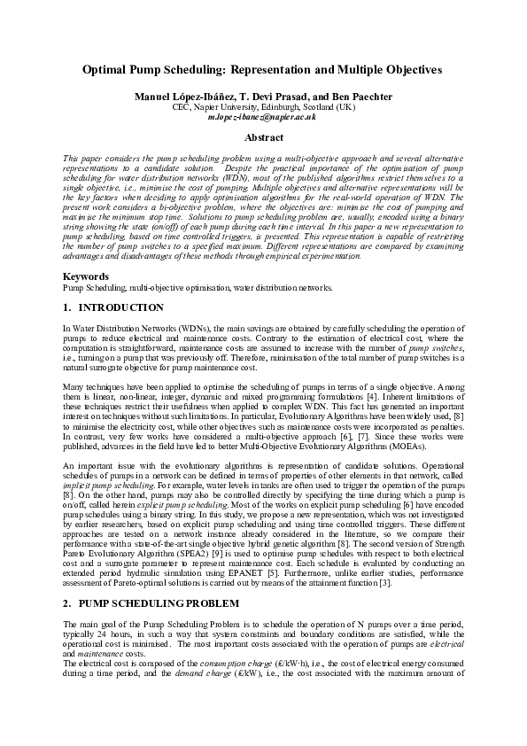 (PDF) Optimal Pump Scheduling: Representation and Multiple Objectives