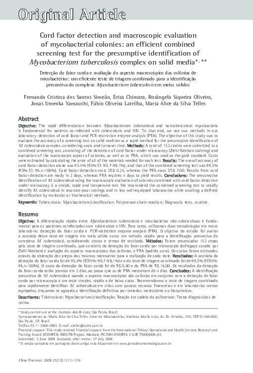 (PDF) Cord factor detection and macroscopic evaluation of mycobacterial ...