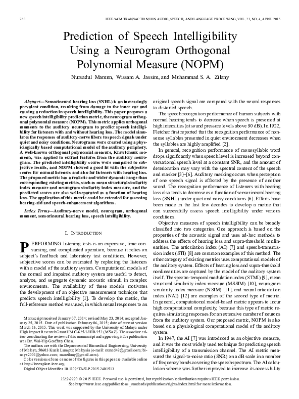 (PDF) Prediction of Speech Intelligibility Using a Neurogram Orthogonal Polynomial Measure (NOPM)