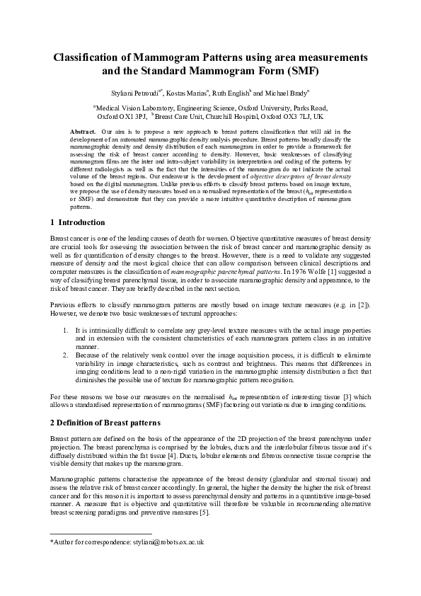(PDF) Classification of Mammogram Patterns using area measurements and the Standard Mammogram ...