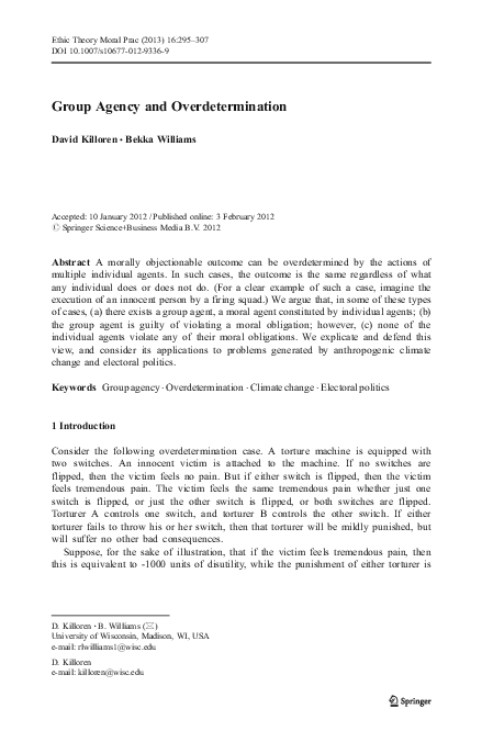 (PDF) Group Agency and Overdetermination. Ethical Theory & Moral Practice.