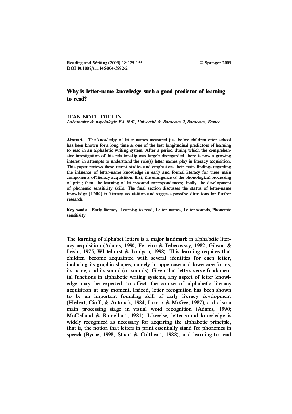 (PDF) Why is letter-name knowledge such a good predictor of learning to ...